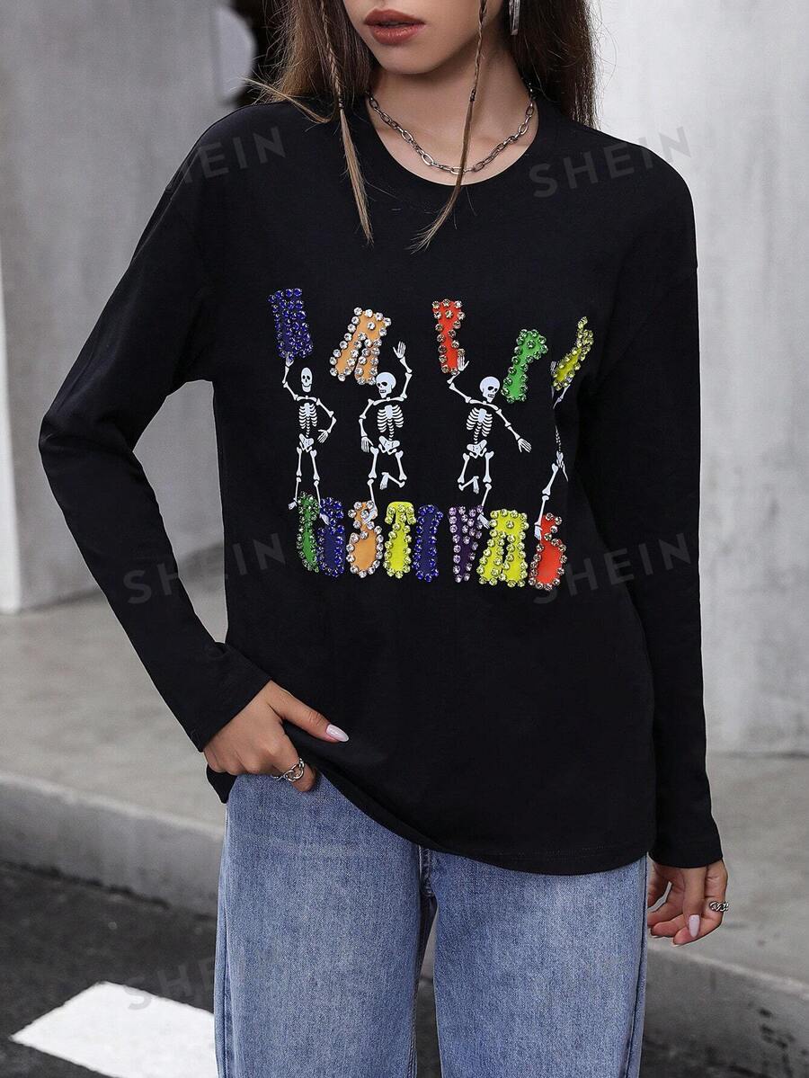 SHEIN EZwear Skeleton and Letter Graphic Drop Shoulder Tee | SHEIN