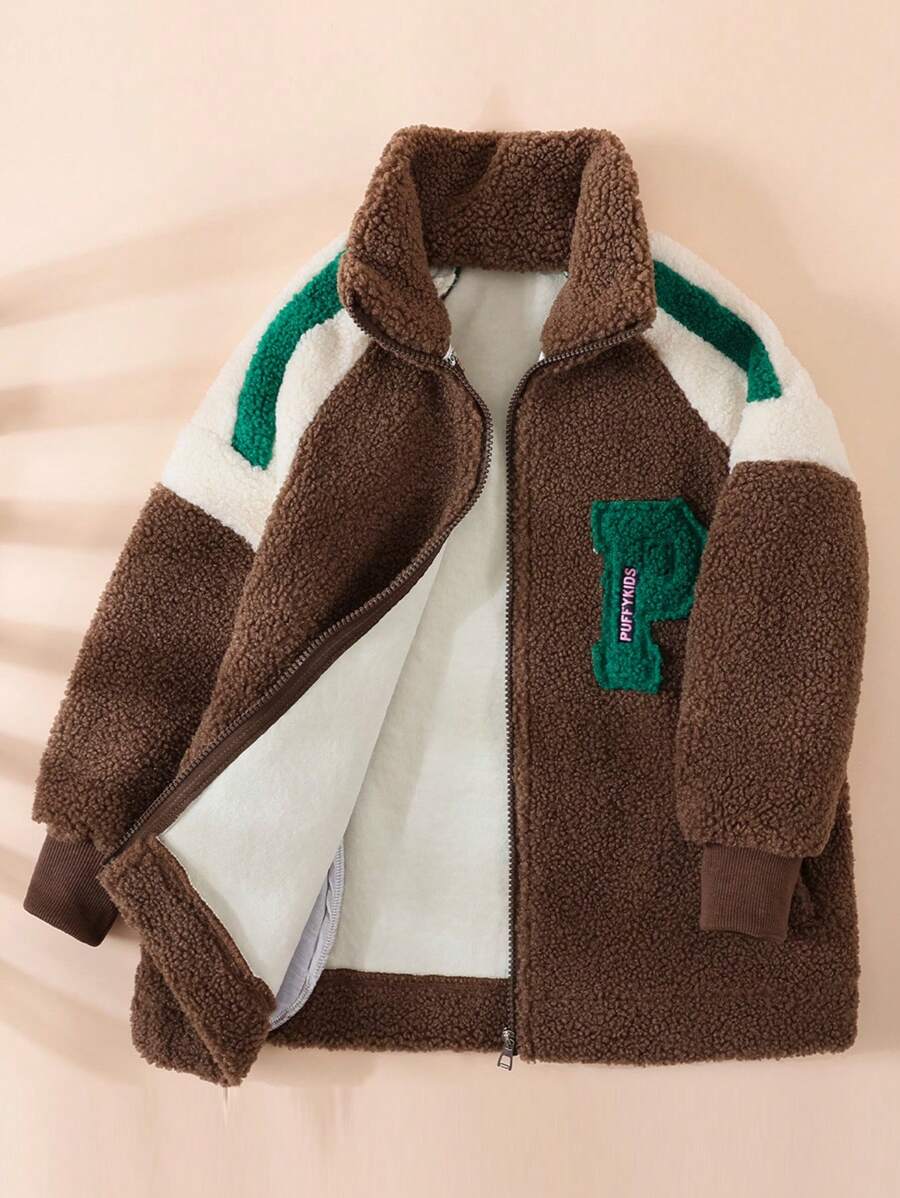 Tween Girl Letter Patched Color Block Raglan Sleeve Thermal Lined Zip Up Teddy Jacket | SHEIN USA