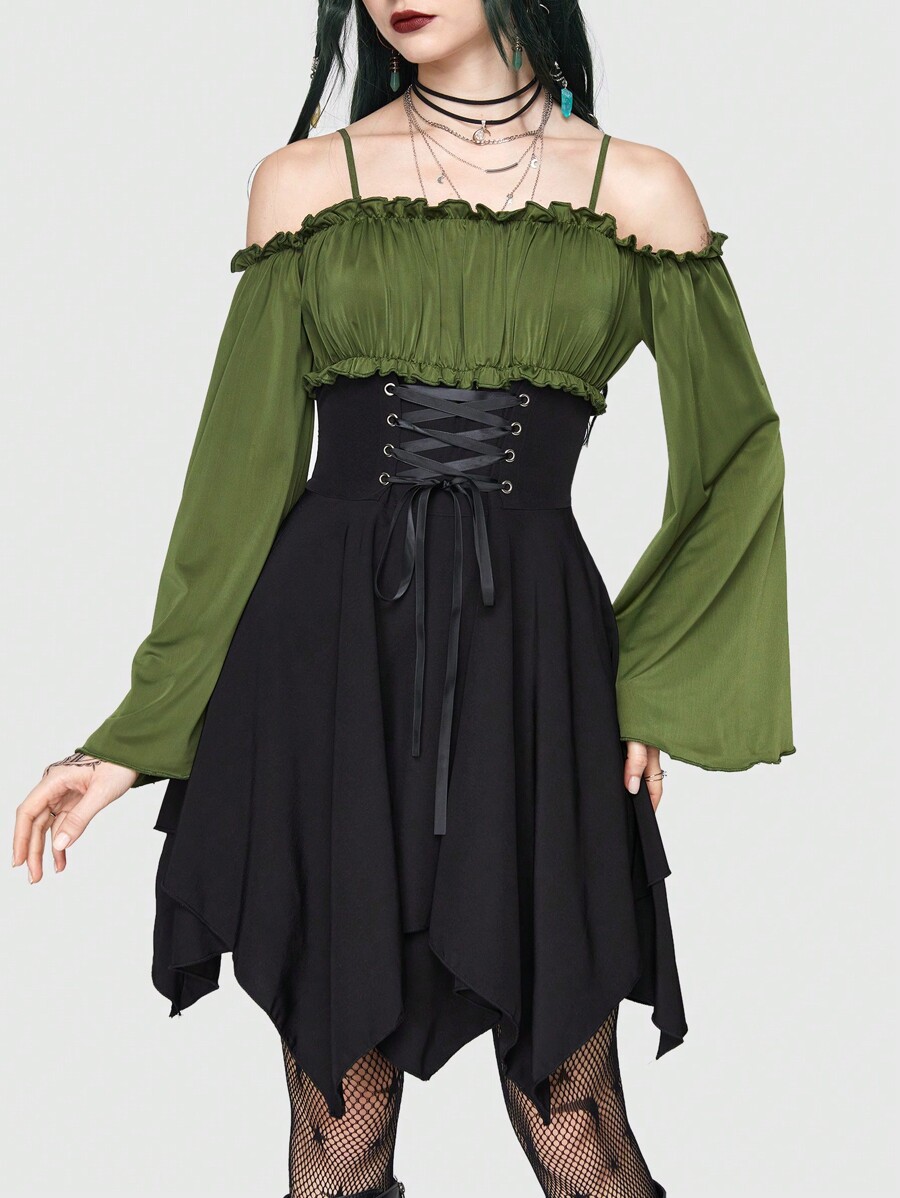 ROMWE Fairycore Colorblock Lace Up Cold Shoulder Hanky Hem Dress ...