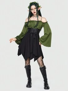 ROMWE Fairycore Colorblock Lace Up Cold Shoulder Hanky Hem Dress ...