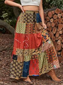 SHEIN Unity Plus Patchwork Print Tie Waist Ruffle Hem Skirt | SHEIN USA