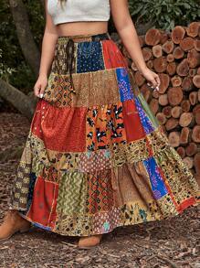 SHEIN Unity Plus Patchwork Print Tie Waist Ruffle Hem Skirt | SHEIN USA