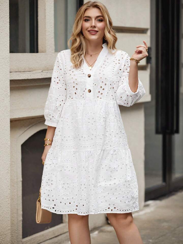 SHEIN Frenchy Plus Eyelet Embroidery Button Front Smock Dress | SHEIN UK