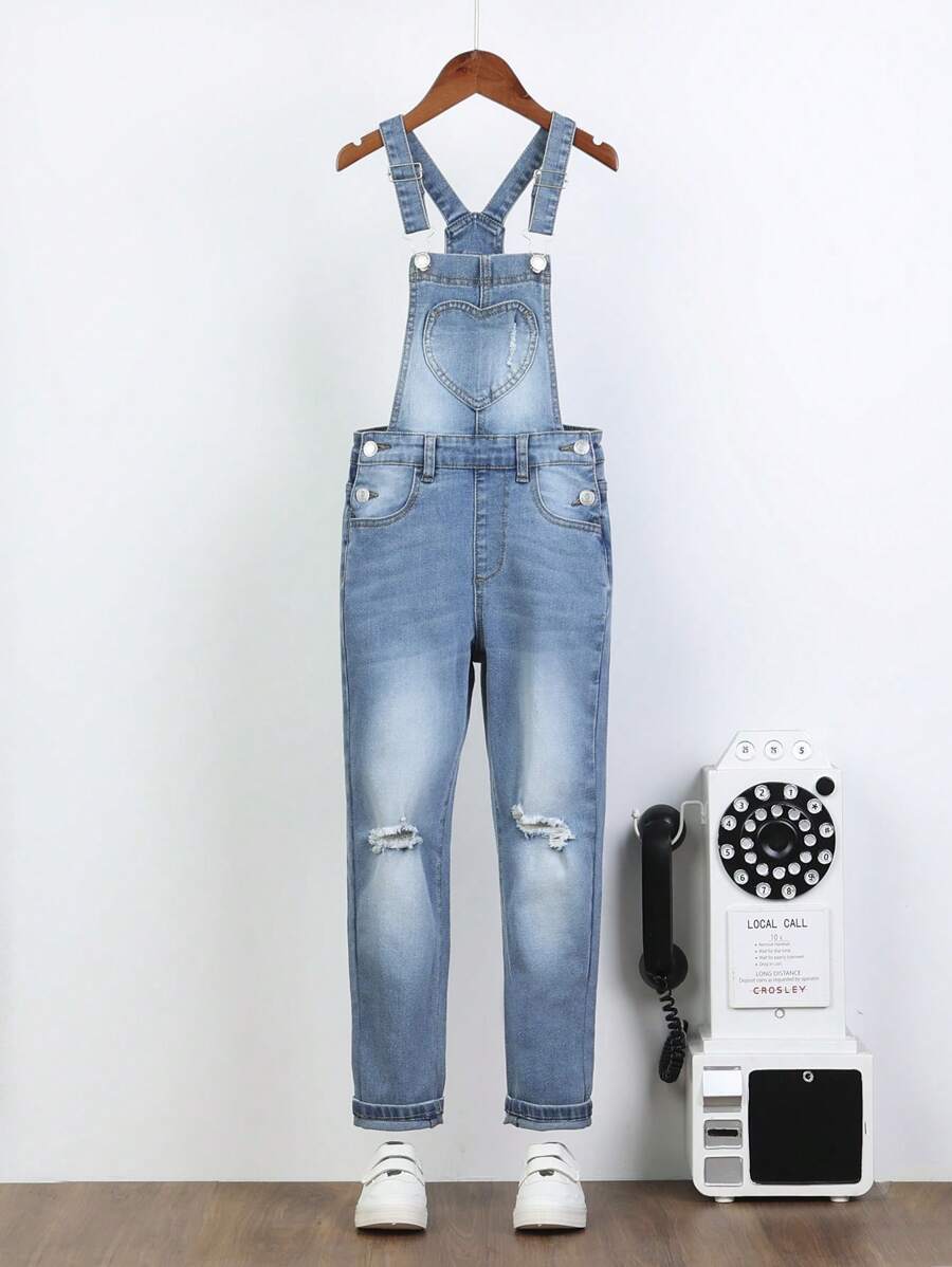 Tween Girls Ripped Frayed Patched Pocket Denim Overalls | SHEIN UK