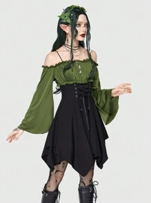 ROMWE Fairycore Colorblock Lace Up Cold Shoulder Hanky Hem Dress ...