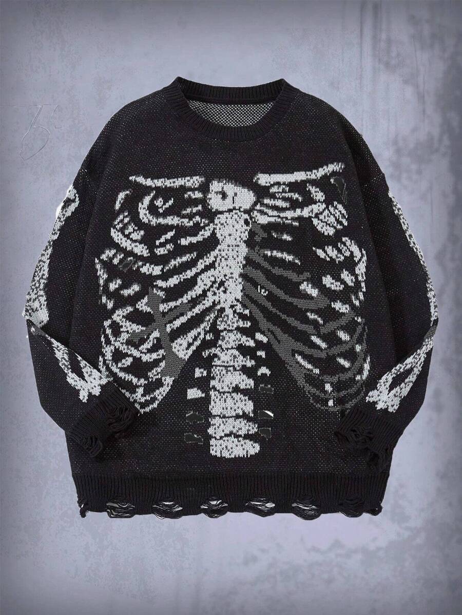 Flirla Plus Halloween Skeleton Pattern Distressed Sweater, For Winter ...