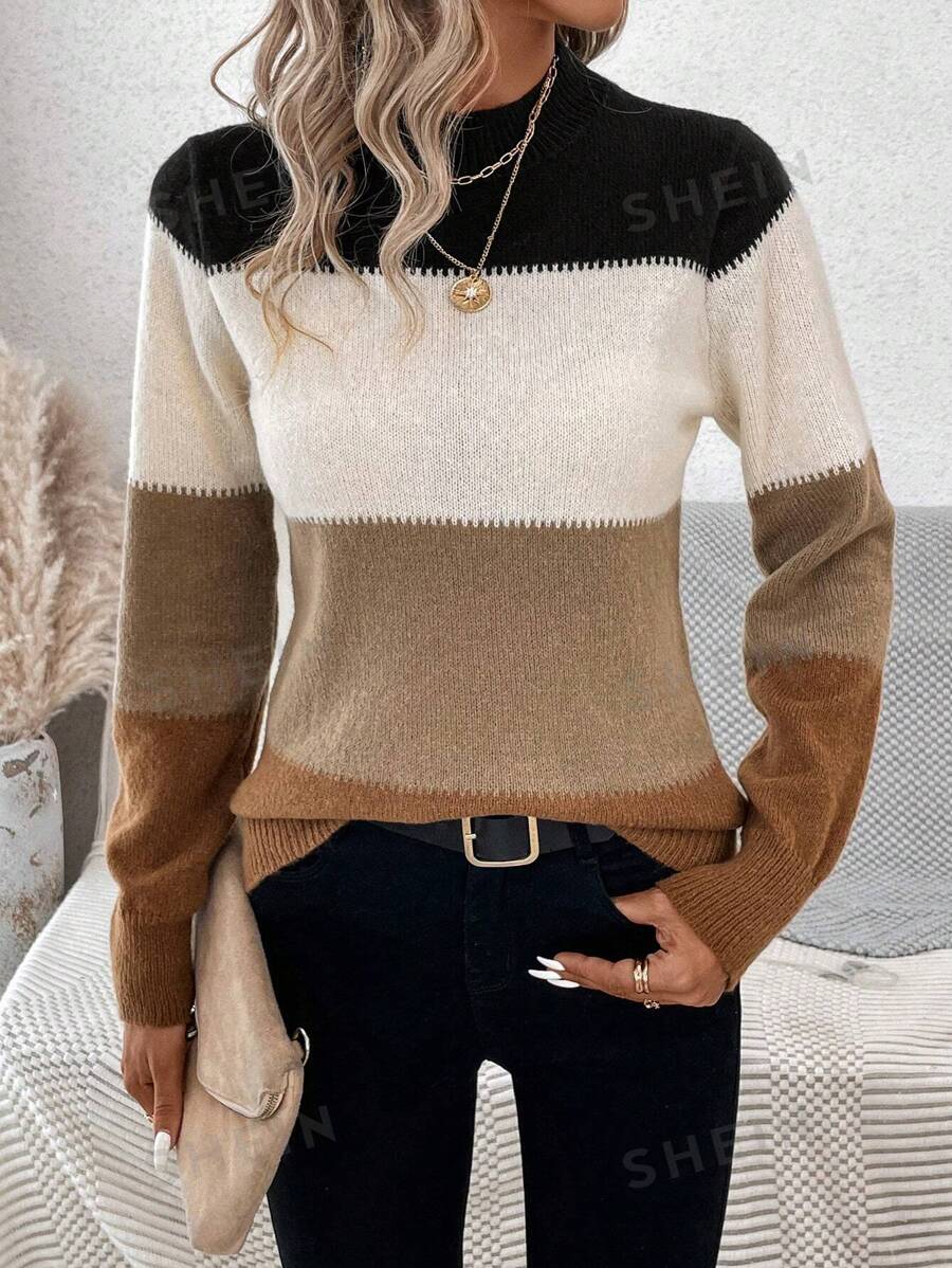 Shein Lune Color Block Mock Neck Sweater Shein Usa