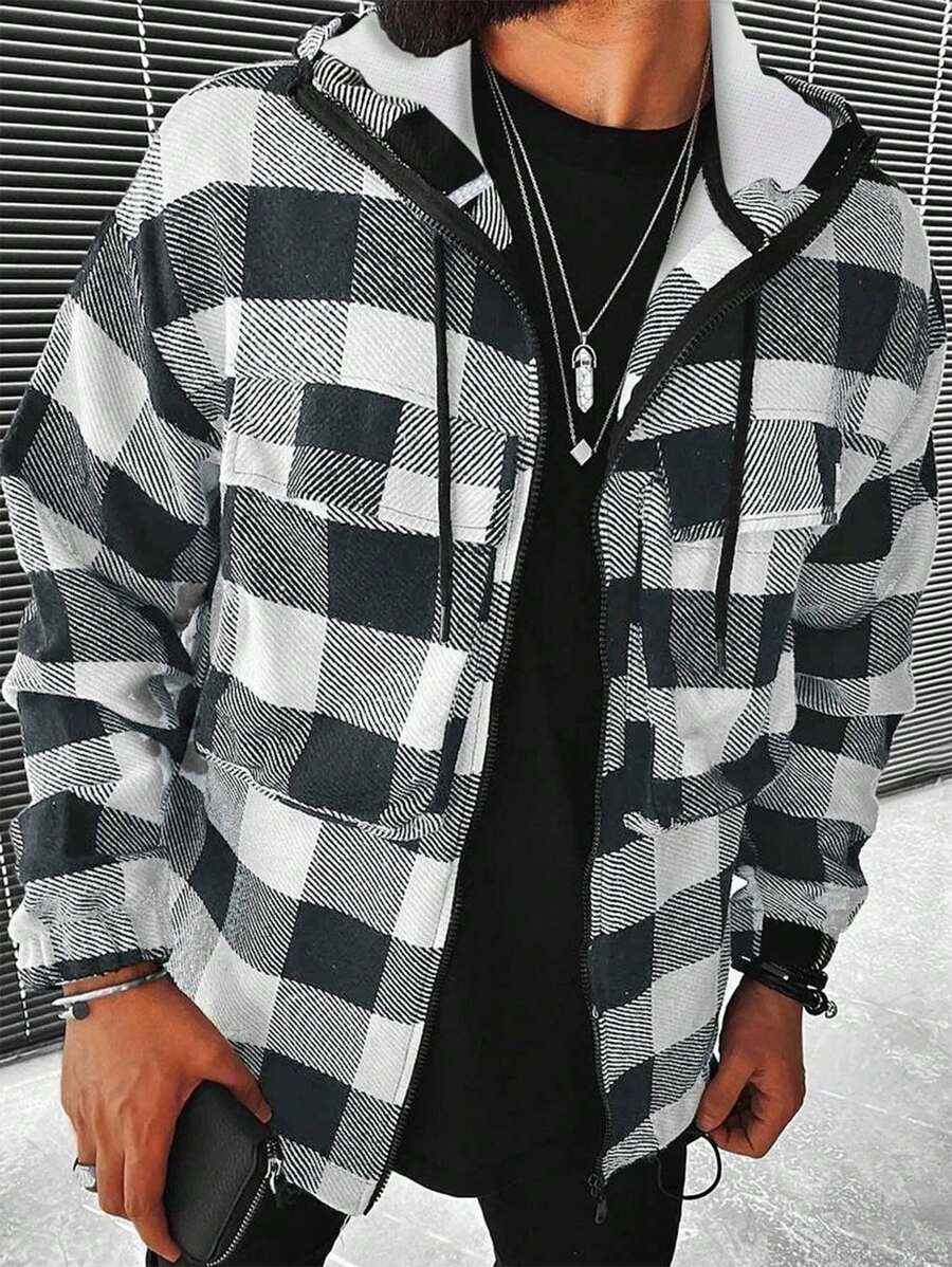 Manfinity Homme Loose Fit Men's Plaid Pattern Drawstring Hooded Jacket With Drop Shoulder Design ...