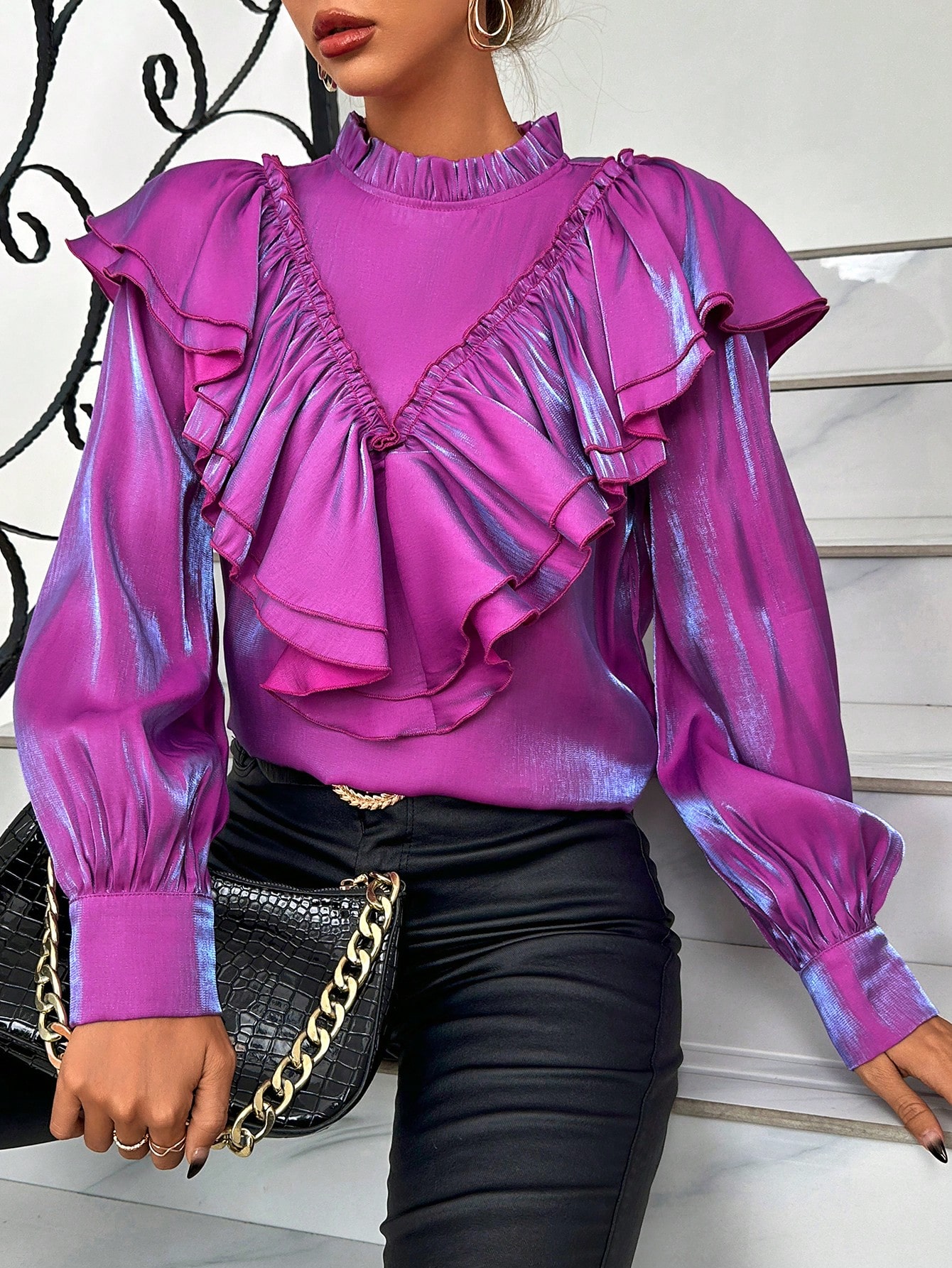 Shein Privé Ruffle Trim Lantern Sleeve Blouse Shein Usa