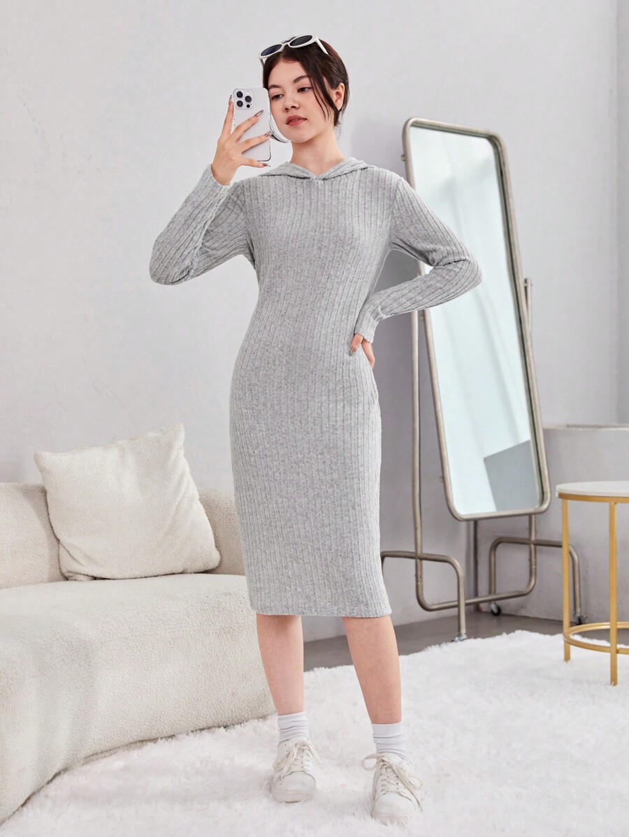 Teen Girl Ribbed Knit Hooded Dress | SHEIN USA Teen Girl Ribbed Knit Hooded Dress | SHEIN USA