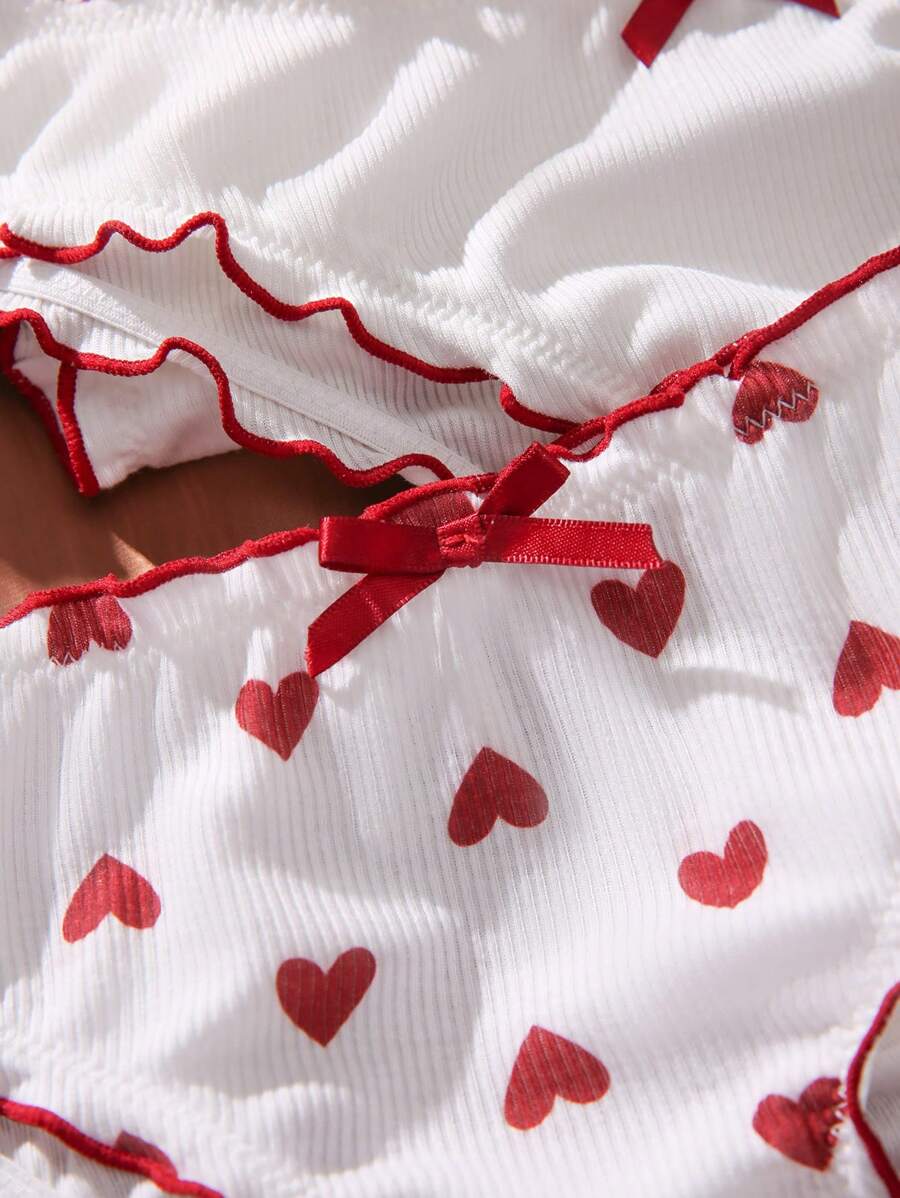3pack Heart Print Lettuce Trim Bow Front Panty Set | SHEIN UK