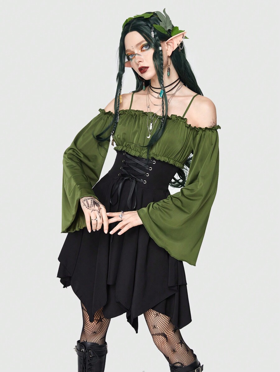 ROMWE Fairycore Colorblock Lace Up Cold Shoulder Hanky Hem Dress ...