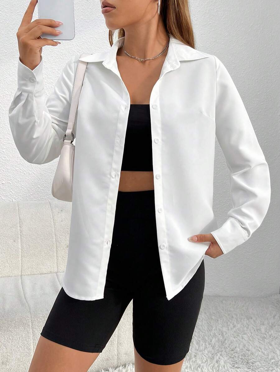SHEIN PETITE Solid Button Front Shirt,Long Sleeve Tops | SHEIN USA