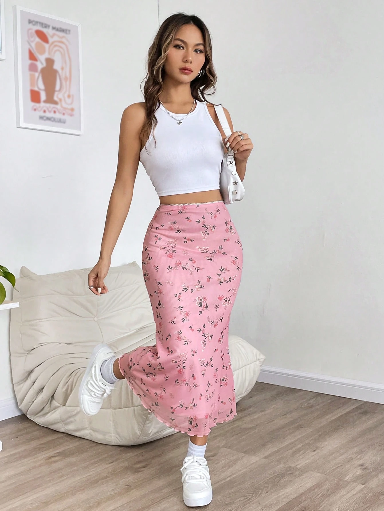 Shein Ezwear Ditsy Floral Print Lettuce Trim Mesh Overlay Skirt Shein Usa