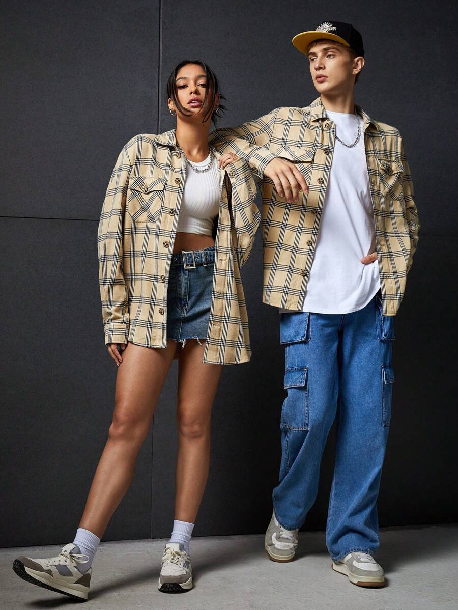 Manfinity Unisex 1pc Loose Fit Plaid Print Flap Pocket Drop Shoulder ...