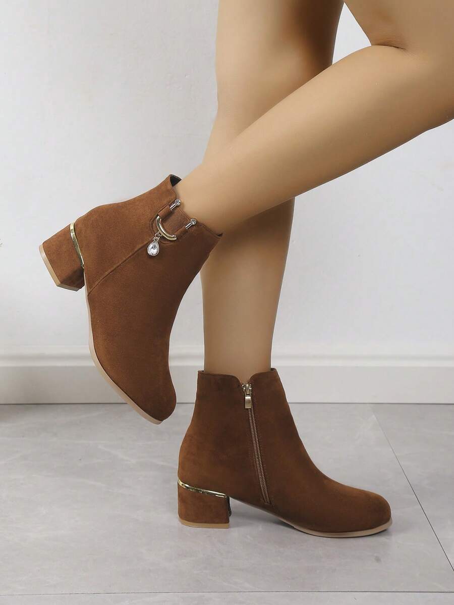Minimalist Mid Chunky Heel Brown Suede Ankle Boots For Women With ...