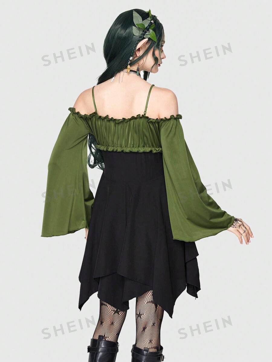 ROMWE Fairycore Colorblock Lace Up Cold Shoulder Hanky Hem Dress ...