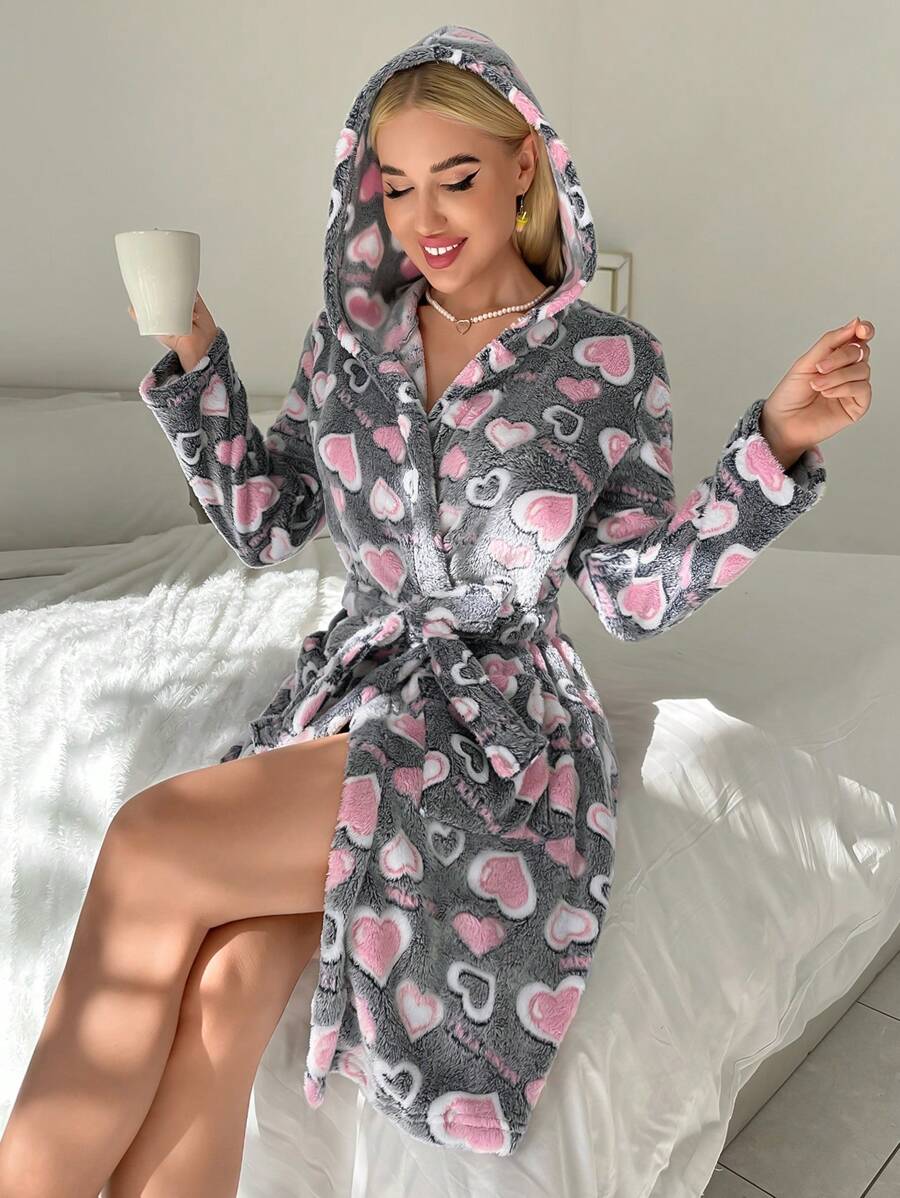 Heart Print Belted Flannel Robe | SHEIN USA