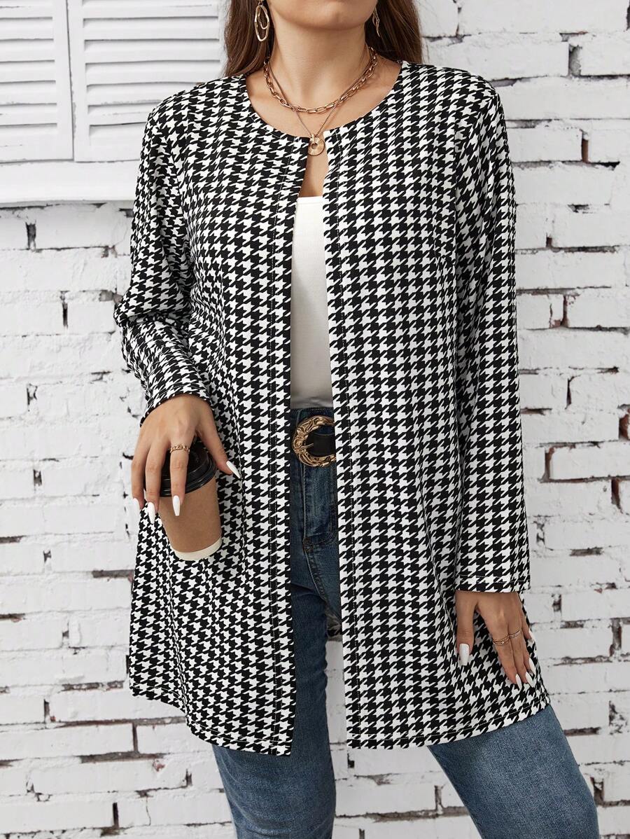 SHEIN LUNE Plus Houndstooth Print Open Front Coat | SHEIN USA