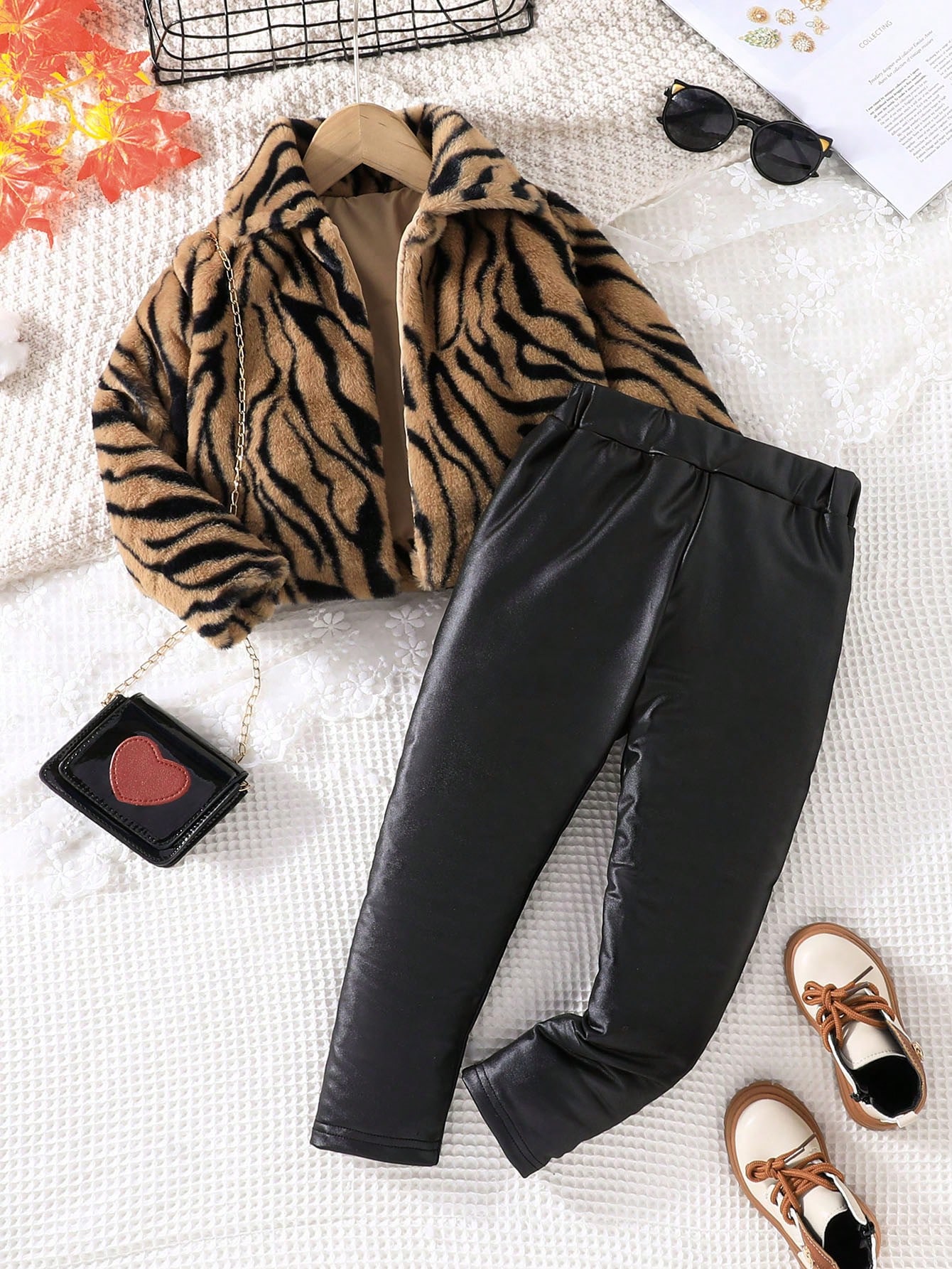 SHEIN Young Girl Tiger Skin Print Flannelette Jacket & Pants | SHEIN USA
