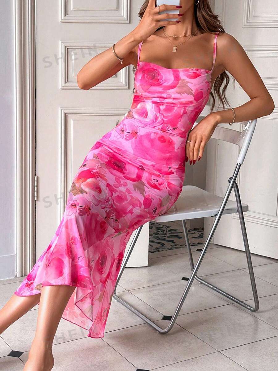 SHEIN Privé Women's Summer Simple & Elegant Yellow Mesh Halterneck Bodycon Mermaid Midi Dress ...