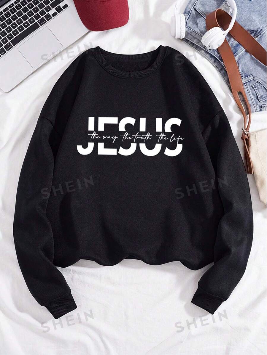SHEIN Essnce Sudadera térmica con gráfico de letras JESÚS, el Camino ...