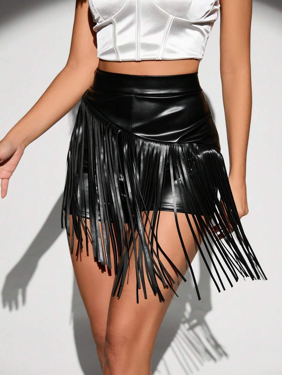 Allurite Fringe Trim Patent Shorts | SHEIN USA