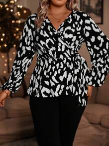 SHEIN Clasi Plus Leopard Print Lantern Sleeve Knot Side Wrap Blouse ...