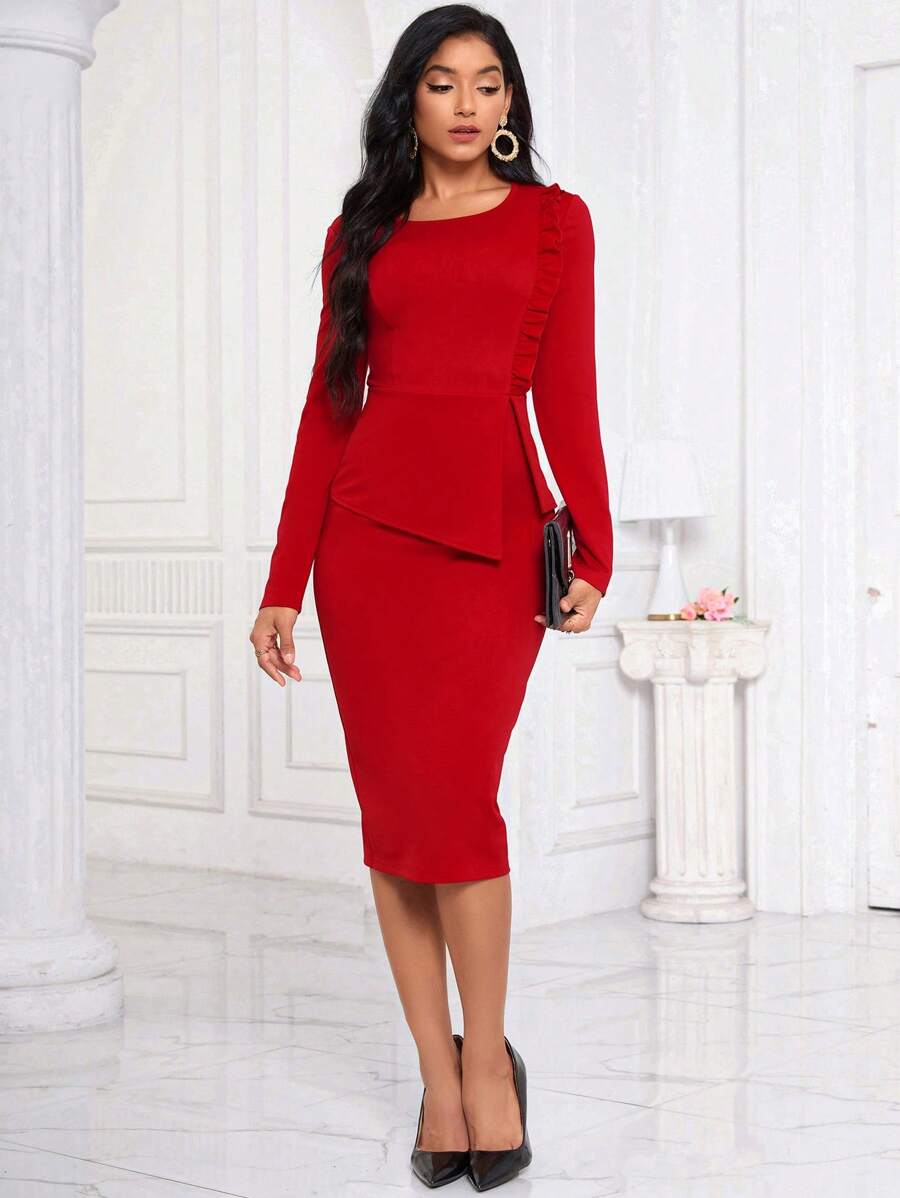 SHEIN Lady Ruffle Trim Split Back Bodycon Dress | SHEIN USA