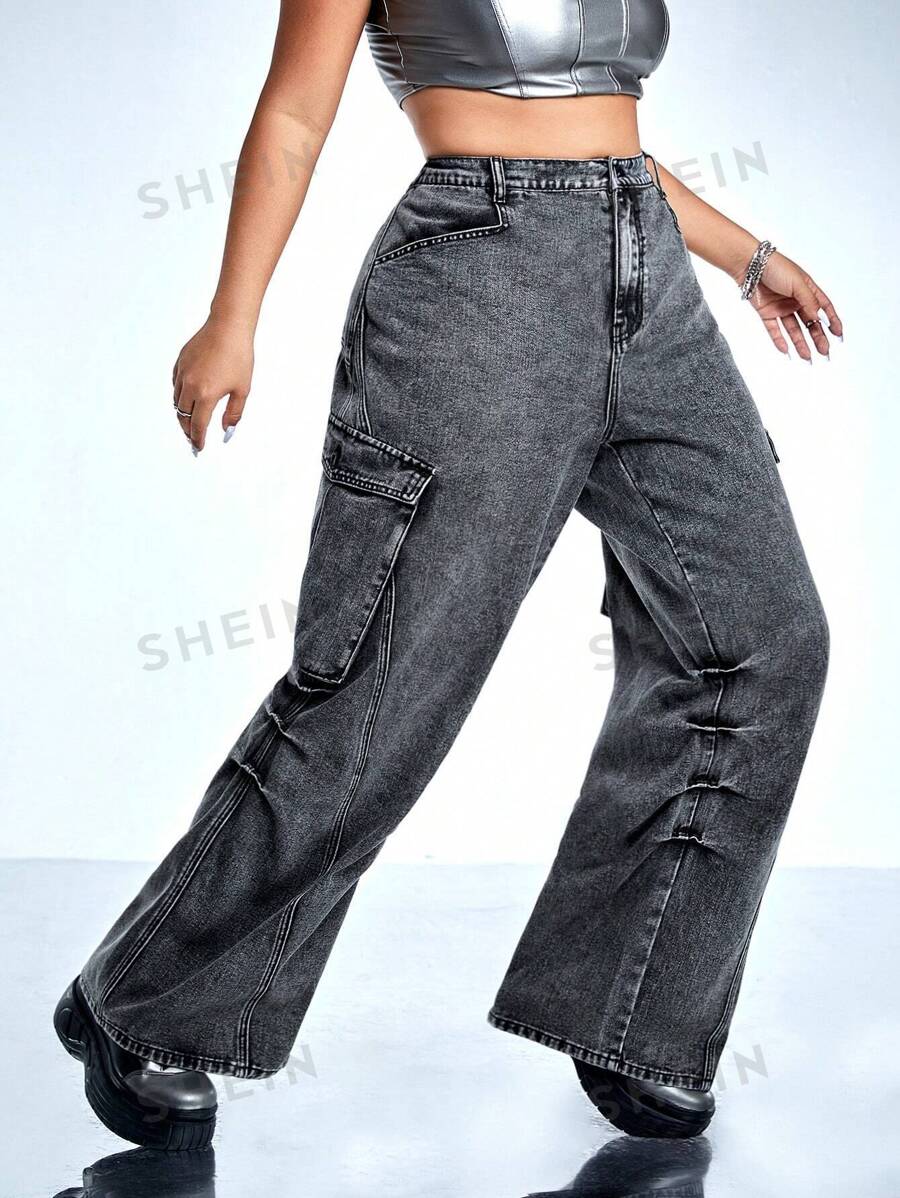 SHEIN ICON Plus Size Concert Baggy Flap Pocket Side Cargo Jeans | SHEIN USA