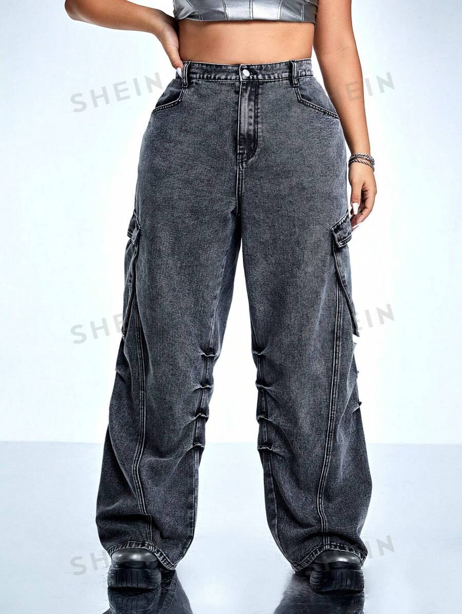 SHEIN ICON Plus Size Concert Baggy Flap Pocket Side Cargo Jeans | SHEIN USA