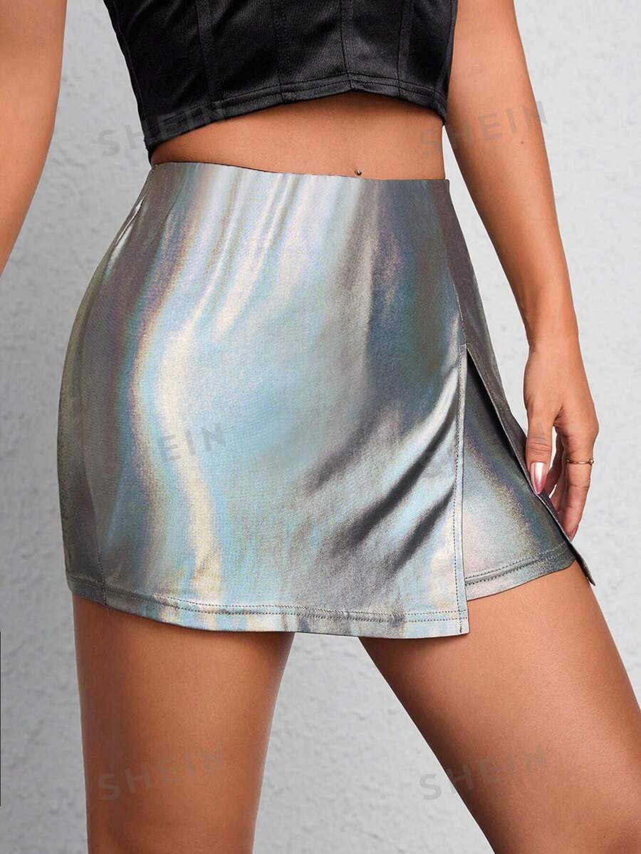 SHEIN PETITE Holographic Split Hem Skort | SHEIN USA