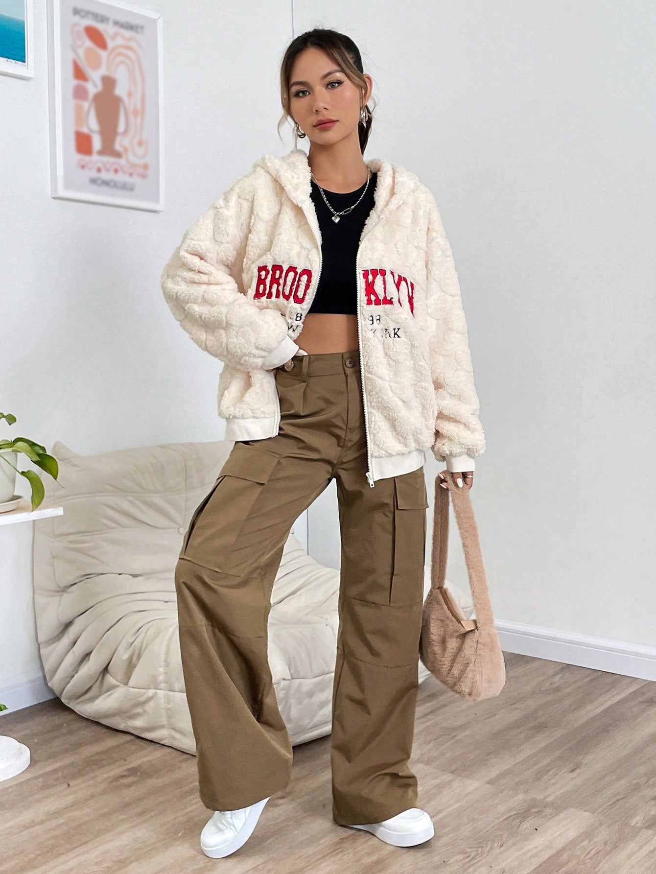 SHEIN EZwear Letter Graphic Drop Shoulder Hooded Teddy Jacket | SHEIN USA