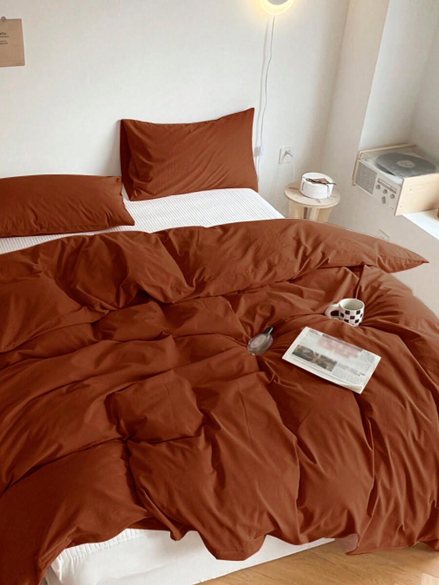 3pcs Terracotta Colored Brushed Fabric Bedding Set | SHEIN USA