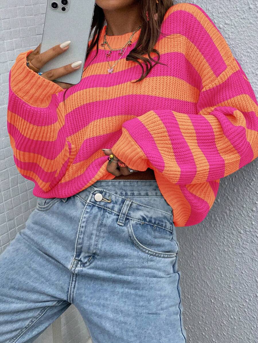 Shein Lune Striped Pattern Drop Shoulder Sweater Long Sleeve Tops