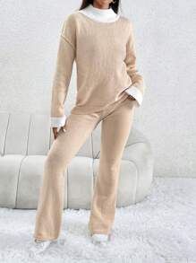 SHEIN LUNE Contrast Panel Drop Shoulder Sweater & Drawstring Waist Knit ...