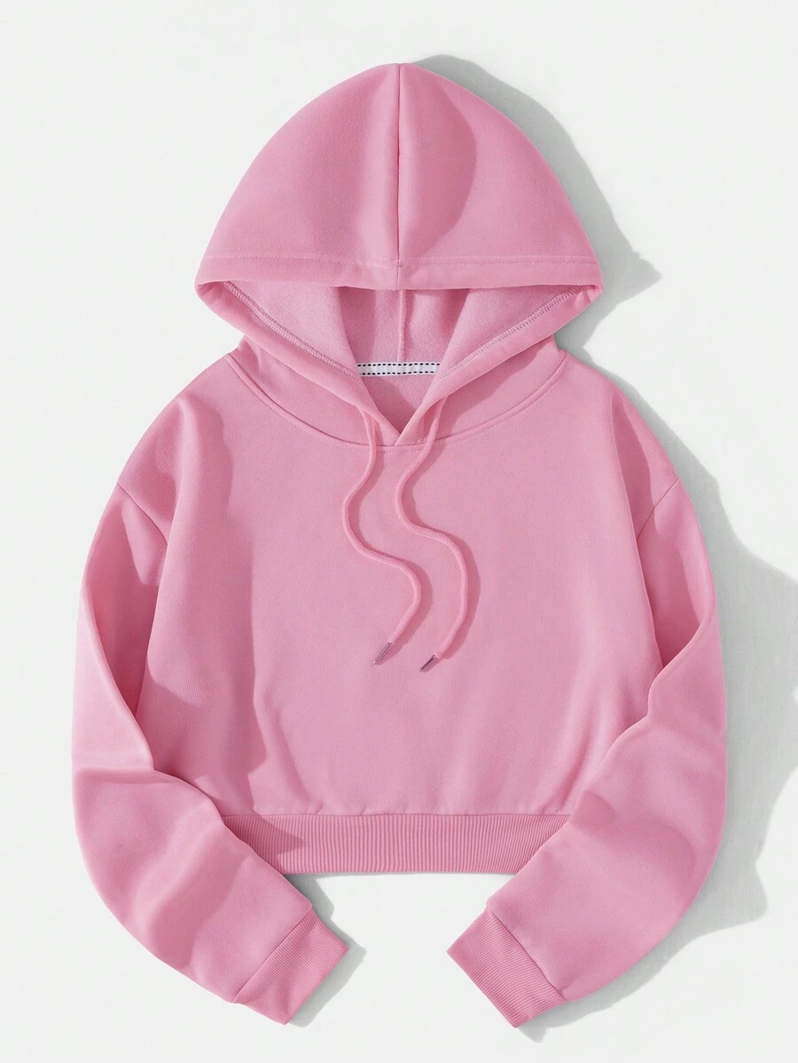 SHEIN EZwear Solid Drawstring Thermal Lined Crop Hoodie | SHEIN USA