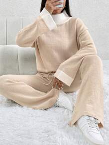 SHEIN LUNE Contrast Panel Drop Shoulder Sweater & Drawstring Waist Knit ...