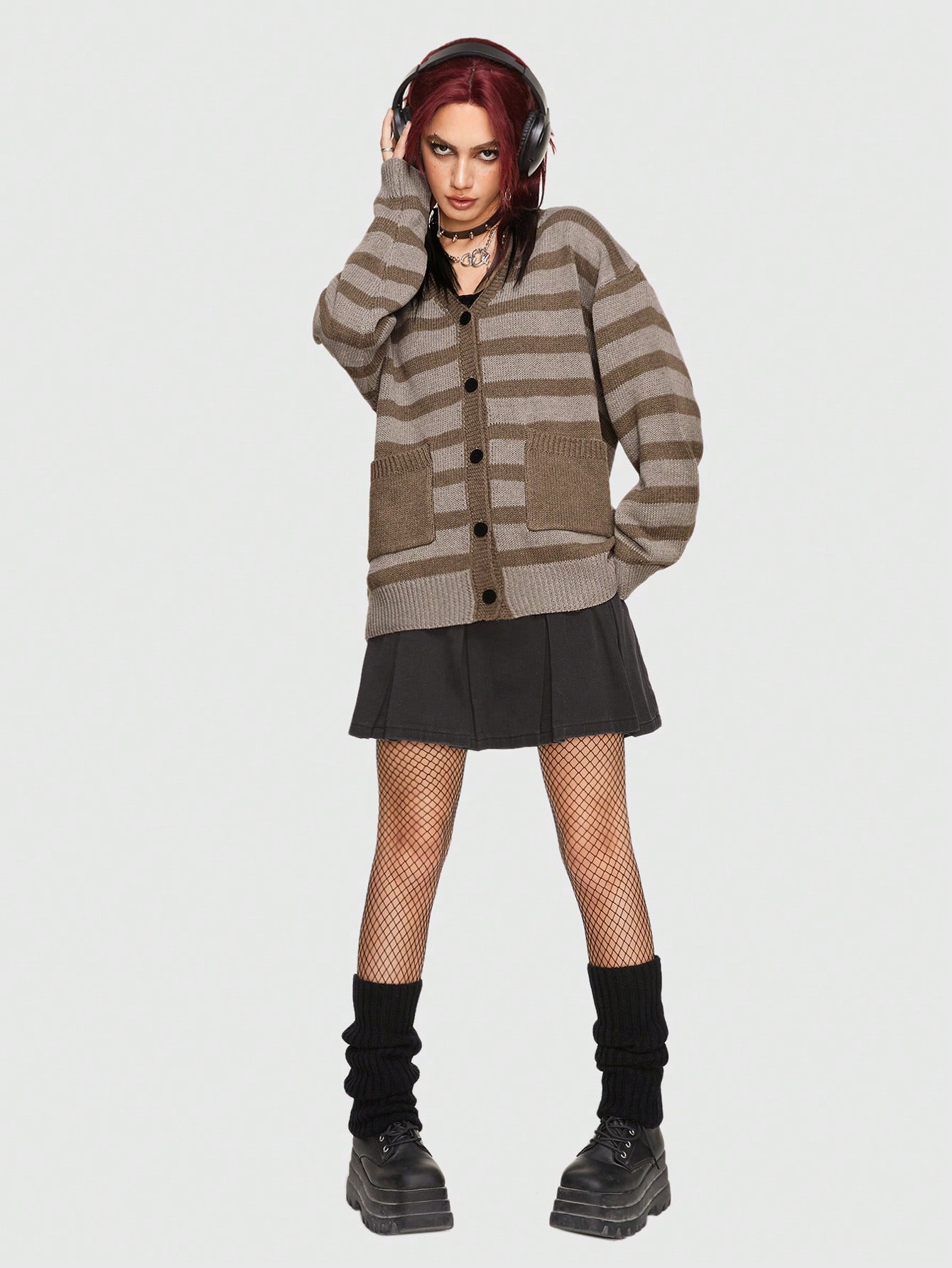 Grunge Punk Striped Pattern Button Front Cardigan | SHEIN