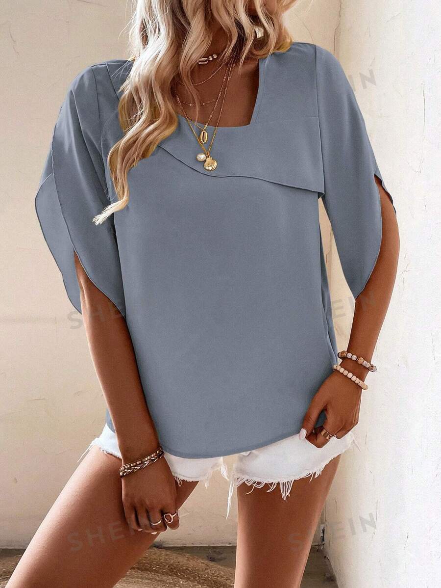 SHEIN LUNE Solid Asymmetrical Neck Petal Sleeve Blouse | SHEIN USA