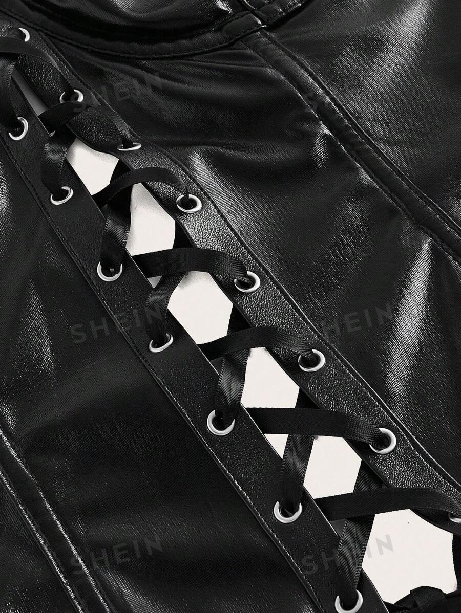 ROMWE Goth Lace Up Front PU Tube Top | SHEIN USA