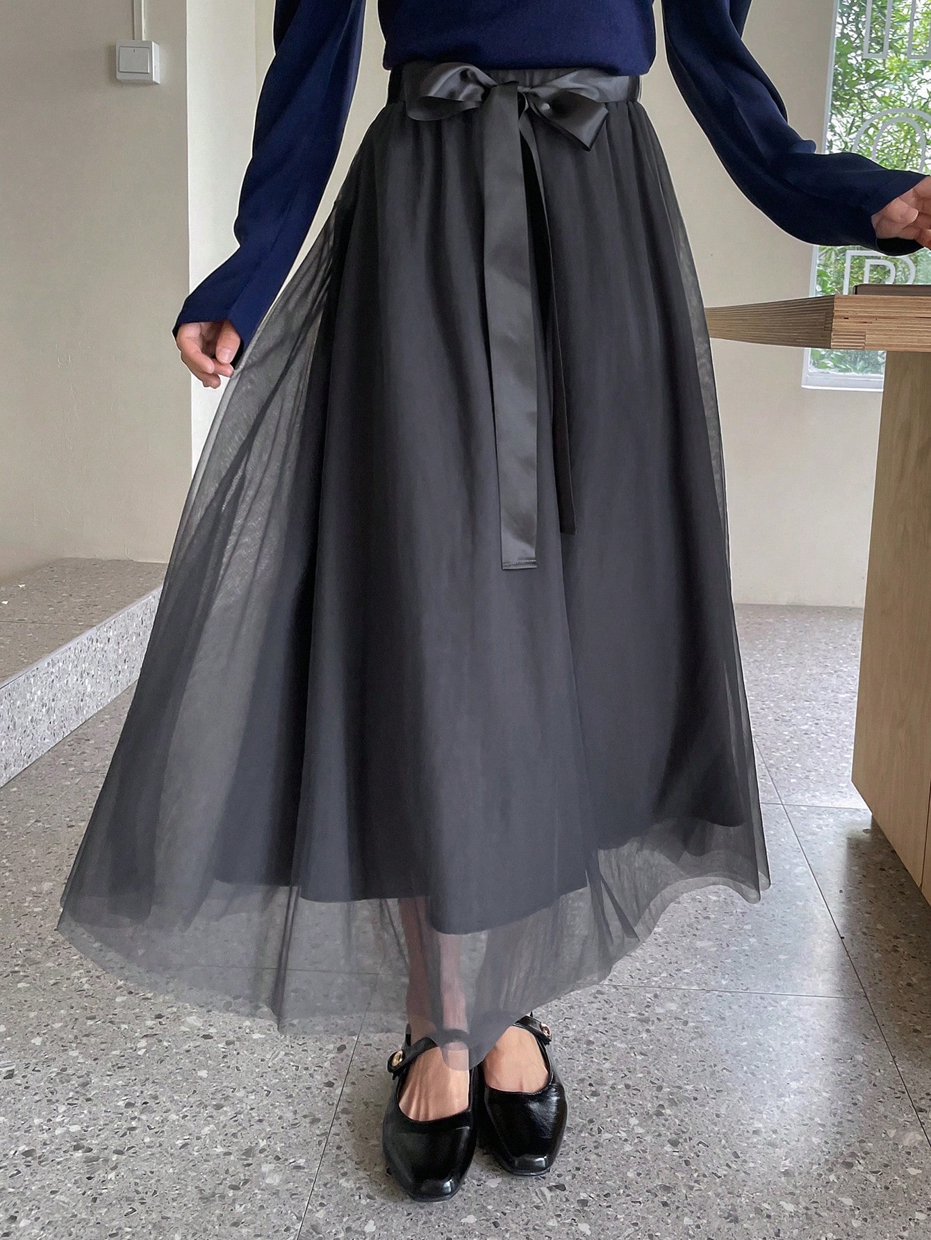 FRIFUL Solid Belted Mesh Overlay Skirt | SHEIN USA