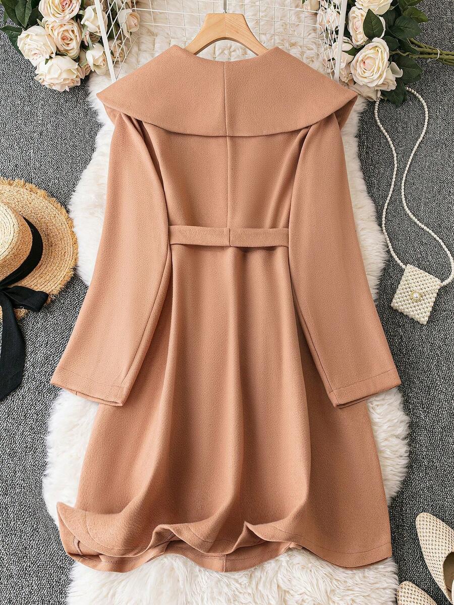 Shein Lune Plus Waterfall Collar Belted Overcoat Shein