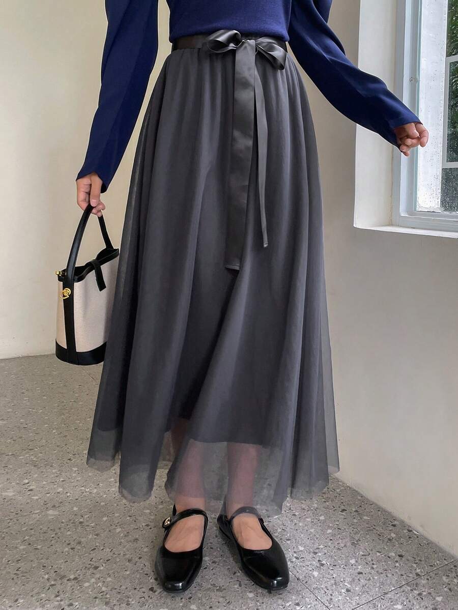 FRIFUL Solid Belted Mesh Overlay Skirt | SHEIN USA