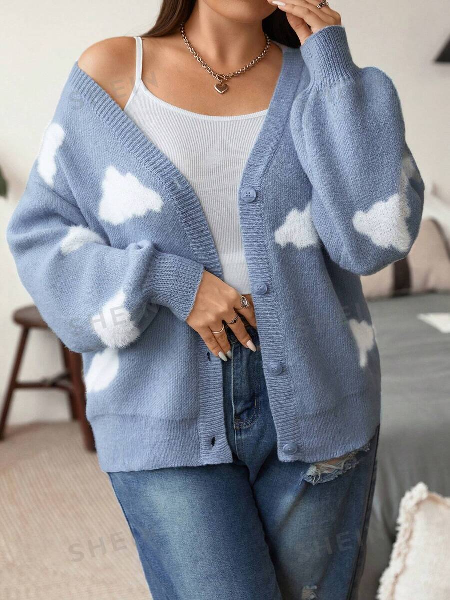 SHEIN EZwear Plus Clouds Pattern Drop Shoulder Cardigan | SHEIN UK