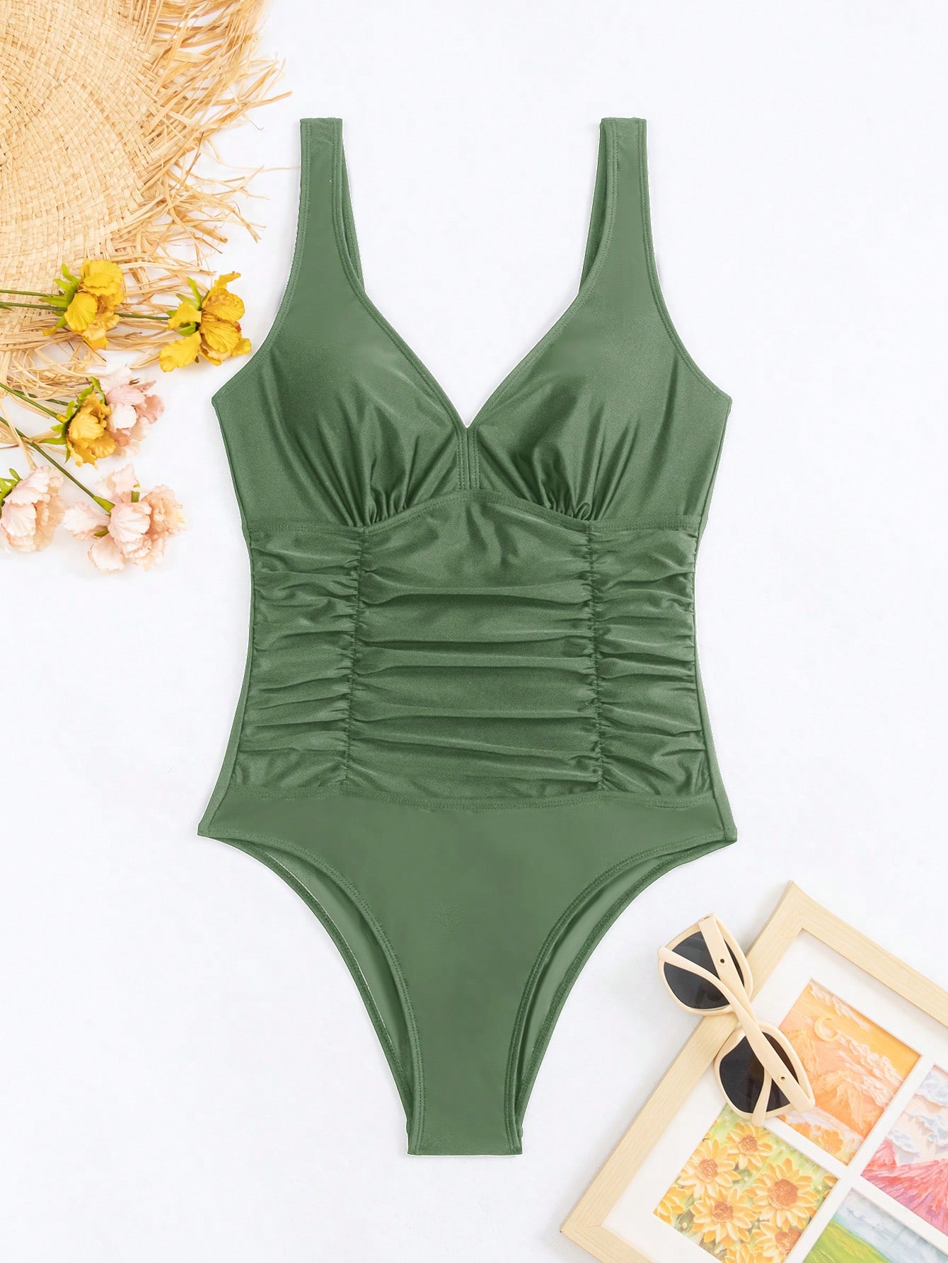 SHEIN Swim Summer Beach Ruched Wireless One Piece Swimsuit | SHEIN UK