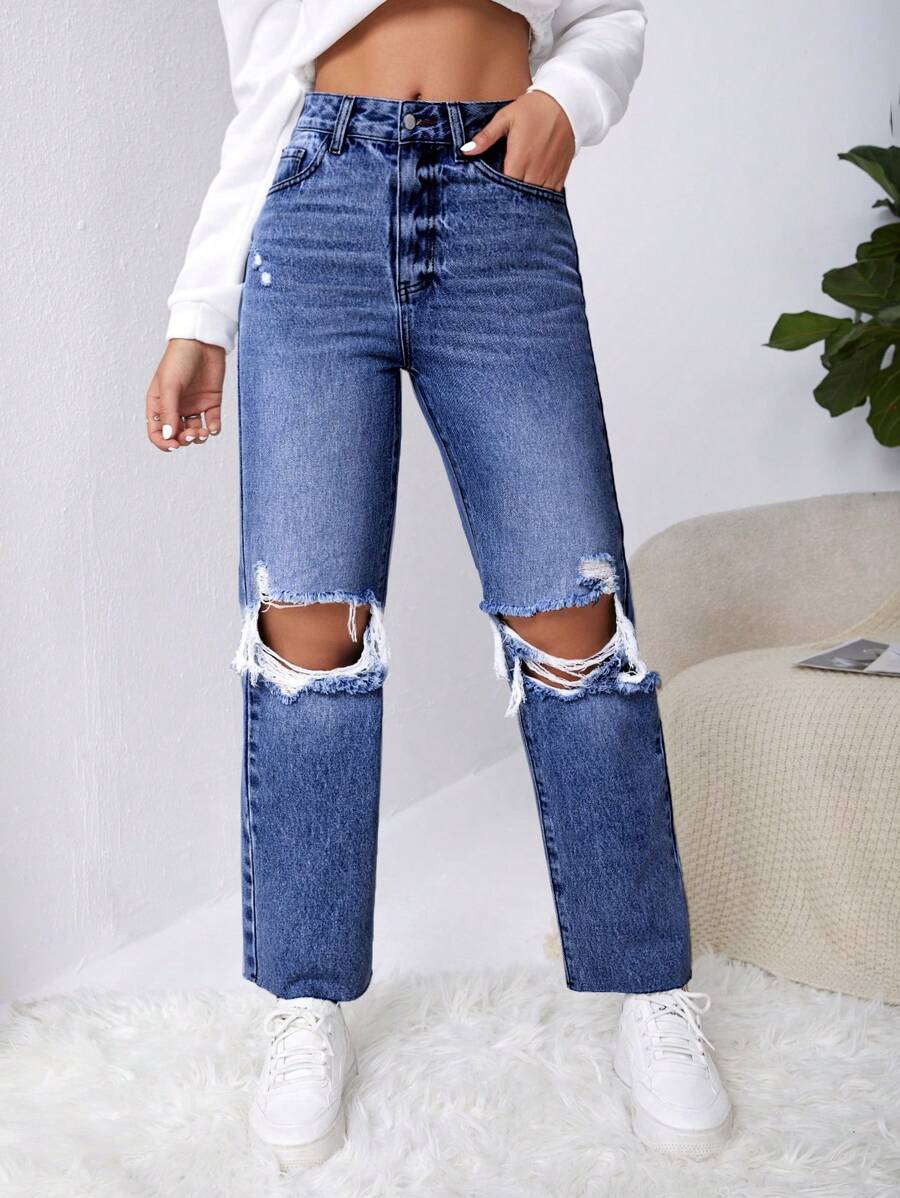 Ripped Raw Cut Straight Leg Jeans | SHEIN USA