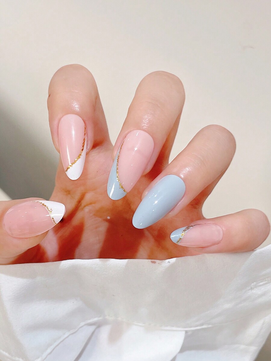 Glamouroso Com 24 Peças Comprido Amêndoa Bloco De Cores Azul Francês