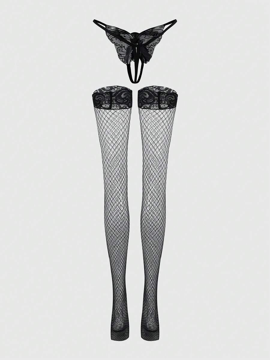 ROMWE Fairycore Floral Lace Crotchless Fishnet Tights | SHEIN UK