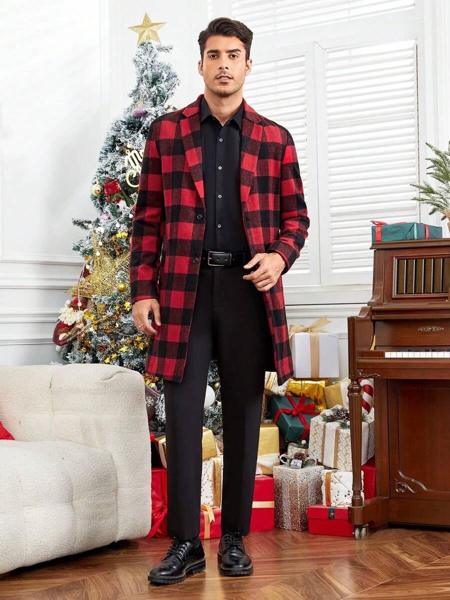 Manfinity Homme Homens 1 Peça Xadrez De Búfalo Gola Lapela Sobretudos ...